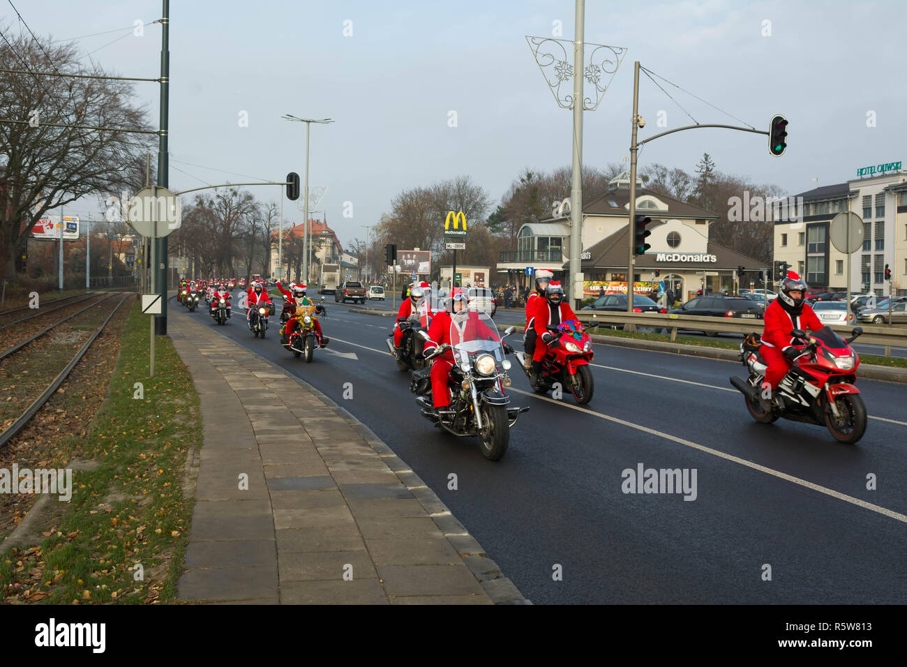 GDANSK, POLAND - 2 December, 2018: Christmas parade of Santa Clauses ...