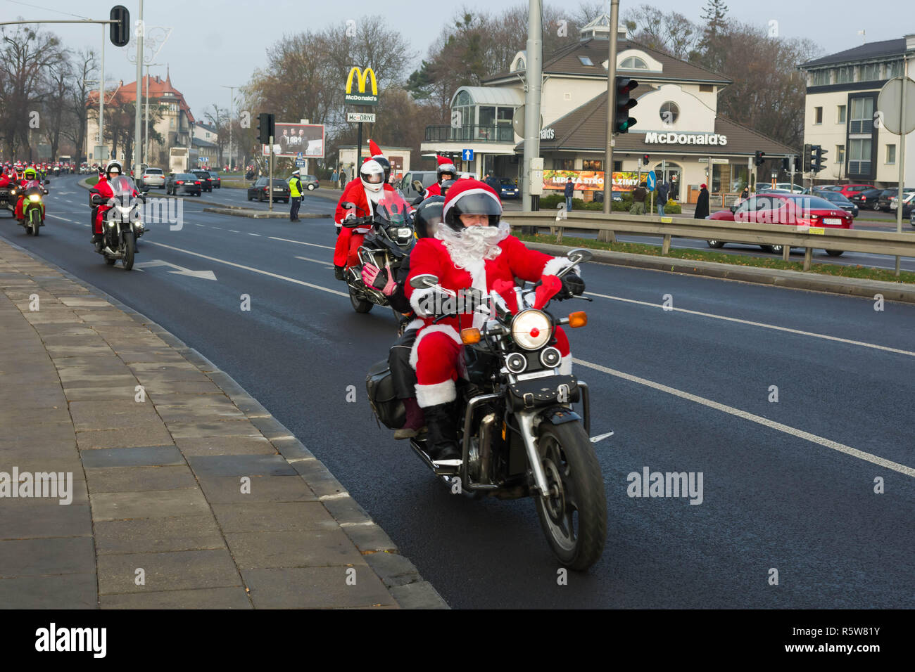 GDANSK, POLAND - 2 December, 2018: Christmas parade of Santa Clauses ...