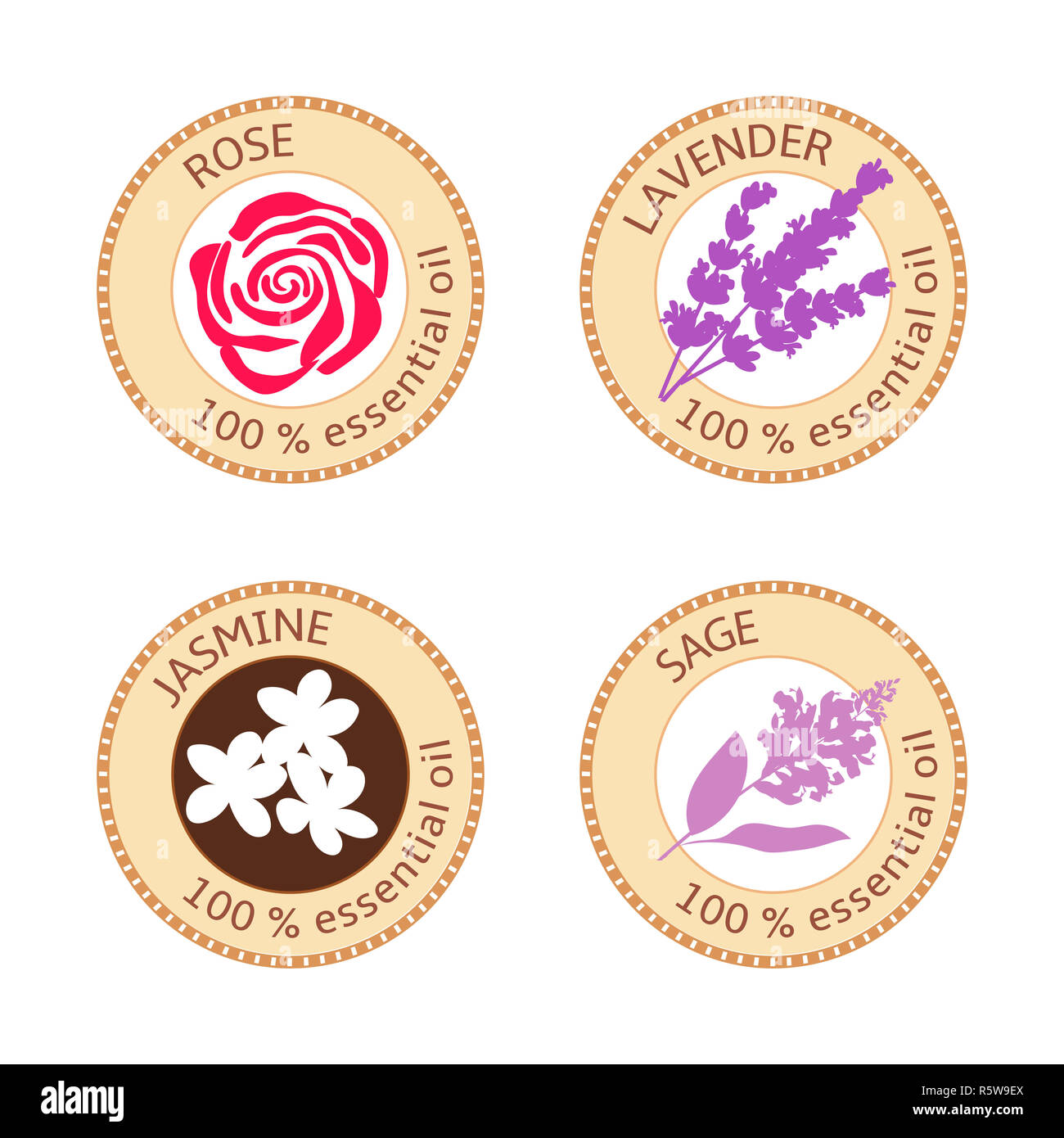 Set of flat essential oil labels. 100 percent. Rose, lavender, jasmine ...