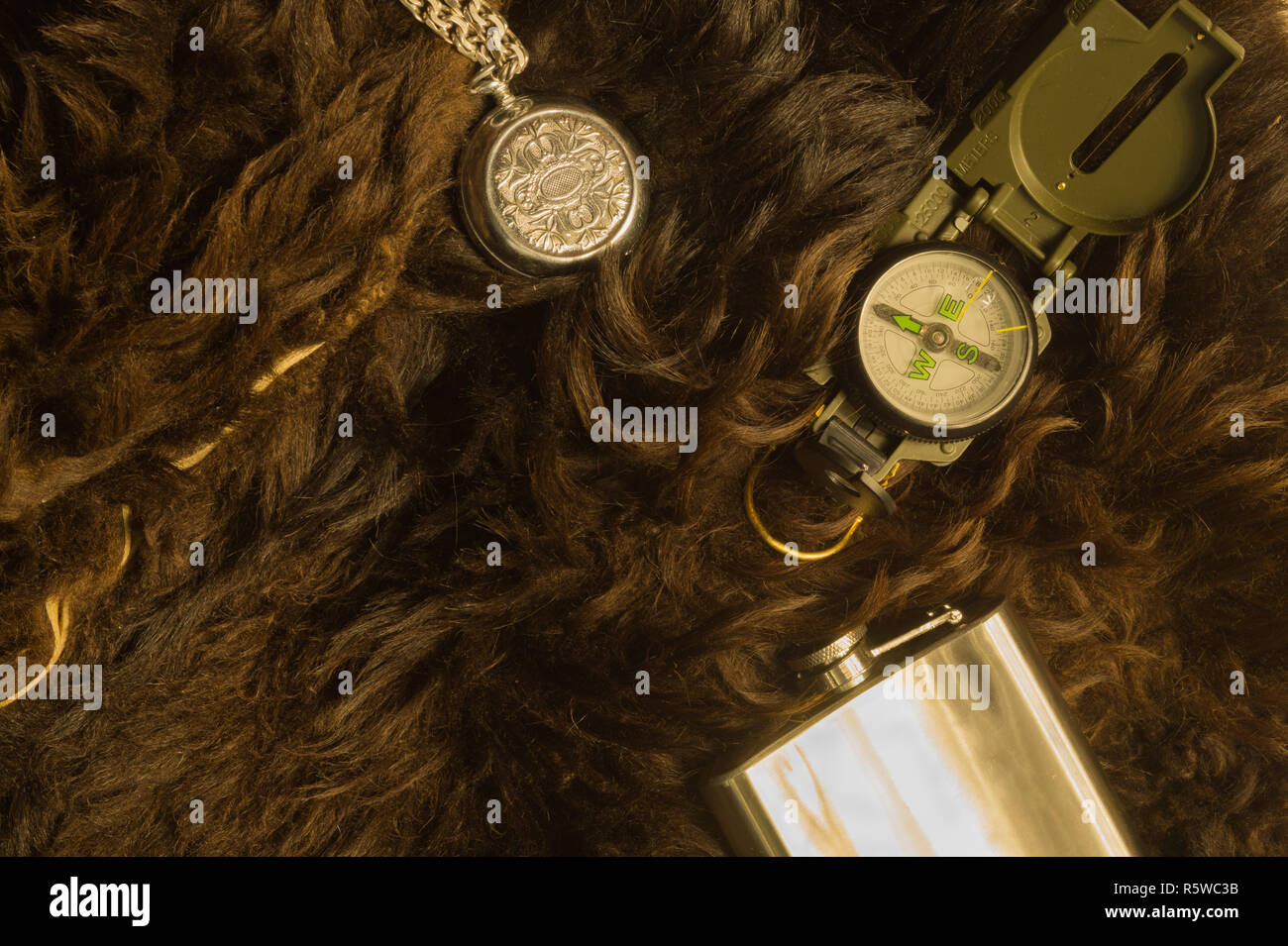 Modern compass and old clock on fur background. navigation Stock Photo ...
