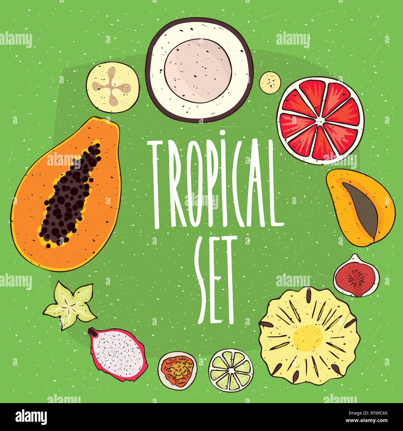 Set of isolated tropical fruits in cross sections Stock Photo - Alamy
