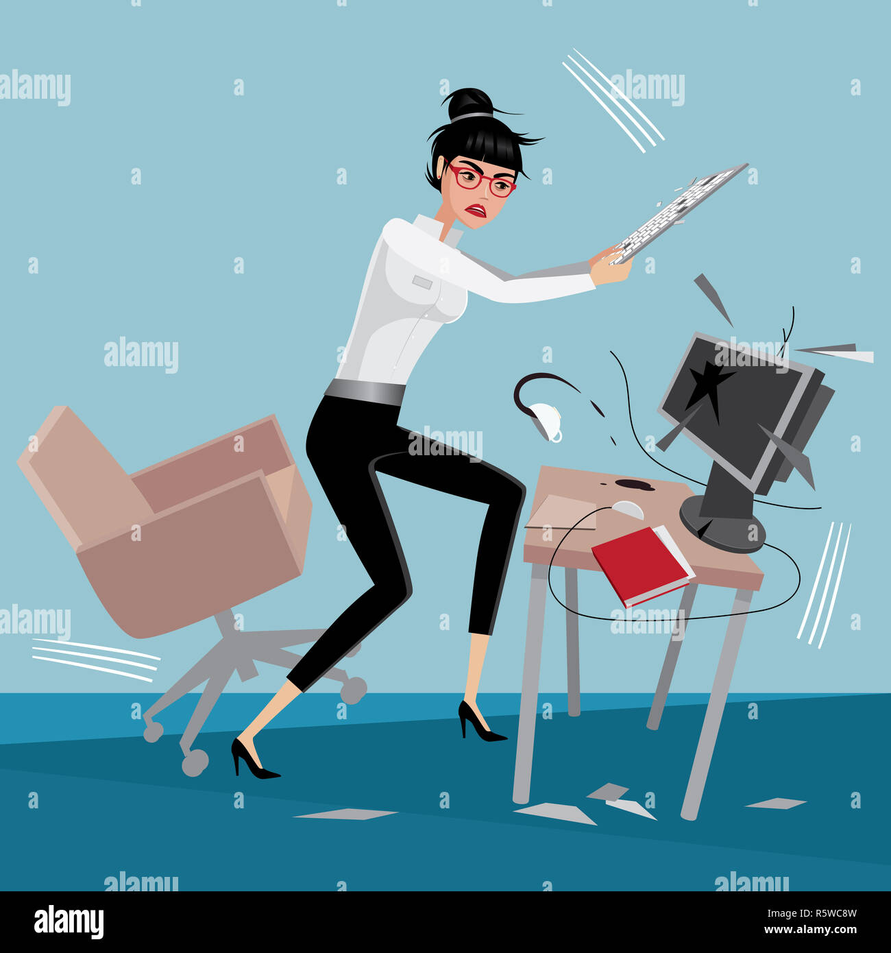 Angry business woman breaks a computer Stock Photo - Alamy