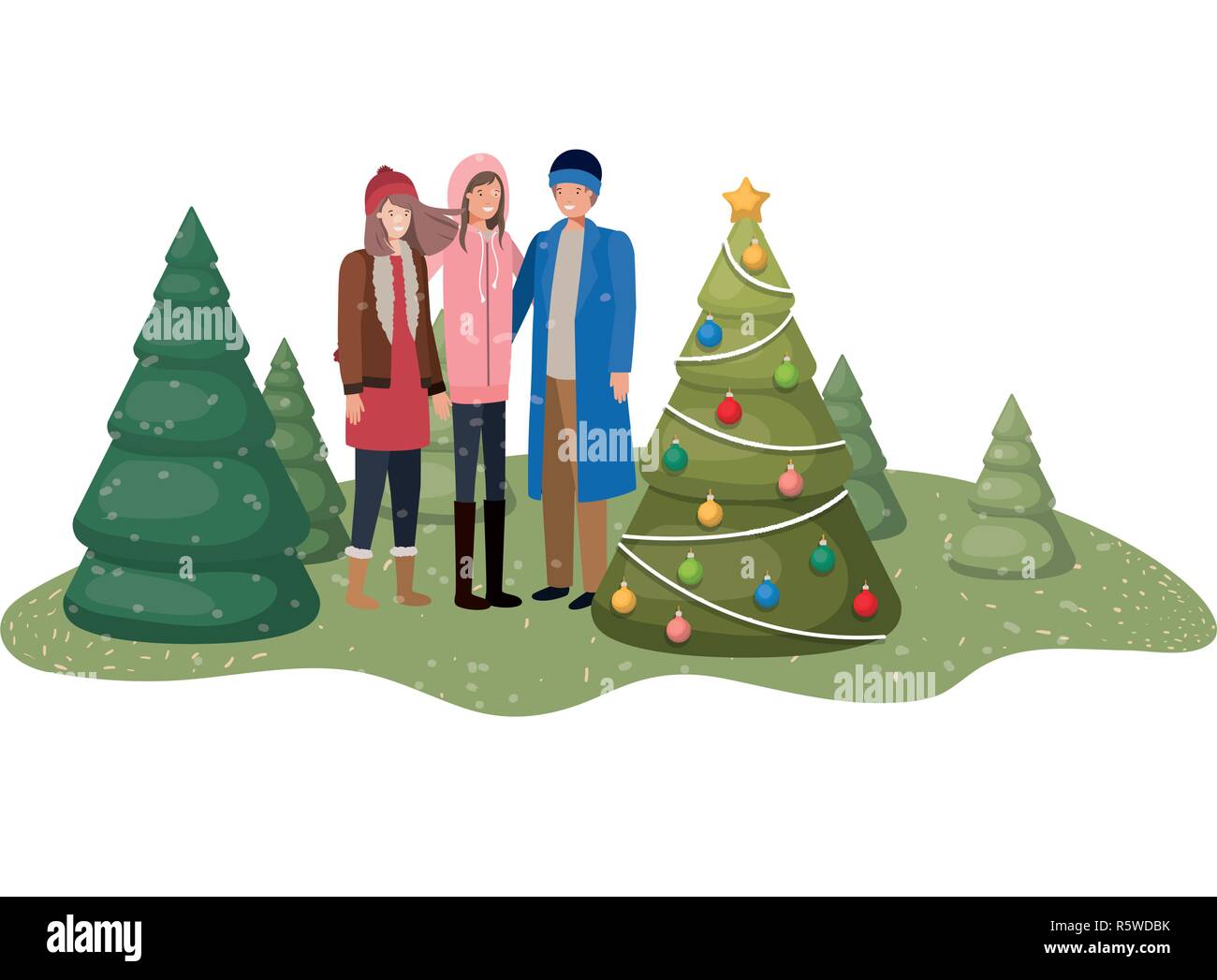 group of people with christmas tree in landscape Stock Vector Image ...