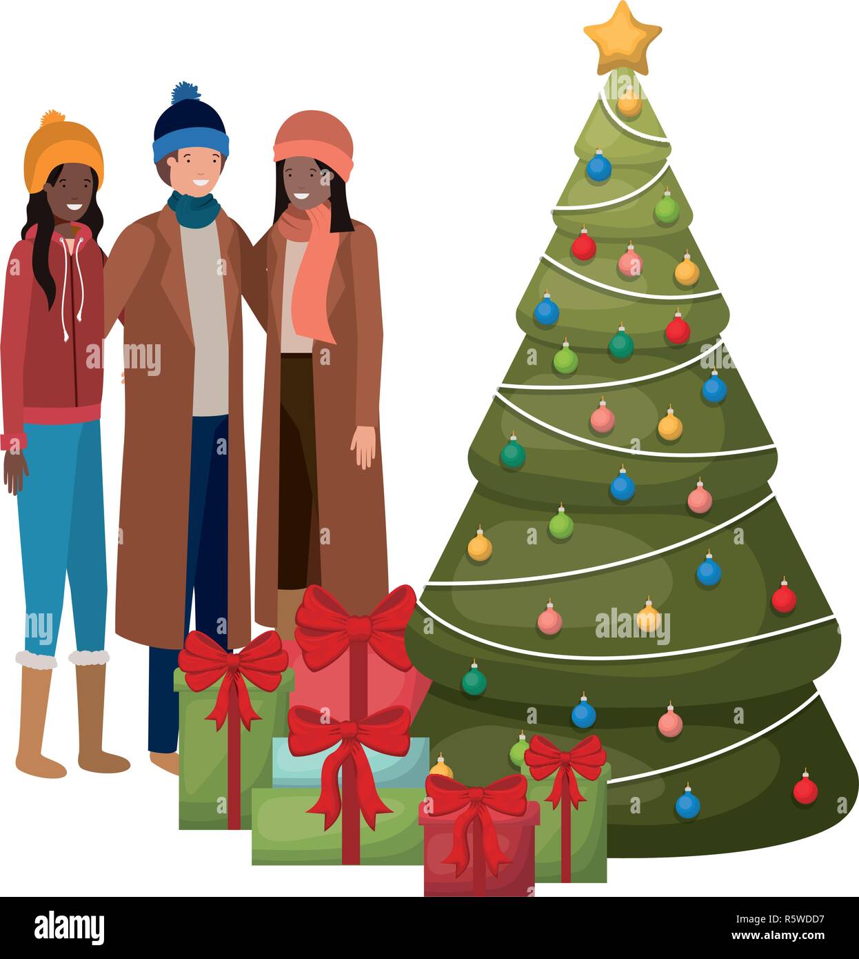 group of people with christmas tree and gifts Stock Vector Image & Art ...