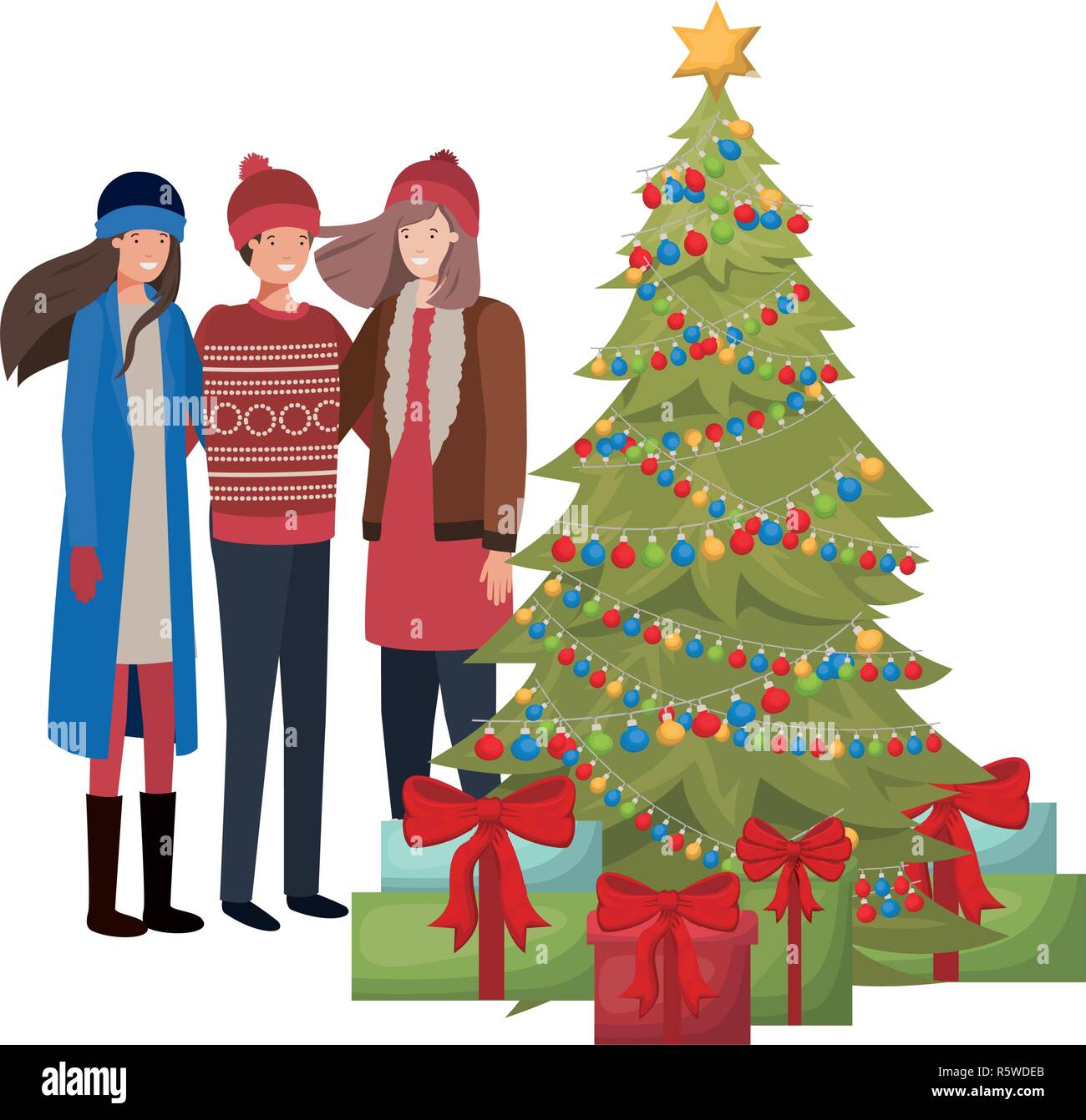 group of people with christmas tree and gifts Stock Vector Image & Art ...