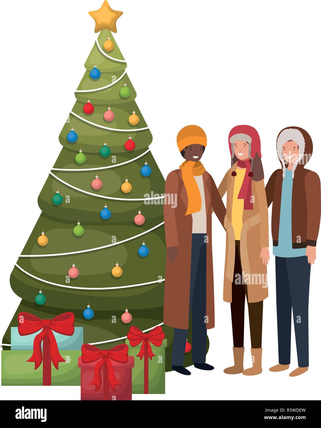 group of people with christmas tree and gifts Stock Vector Image & Art ...