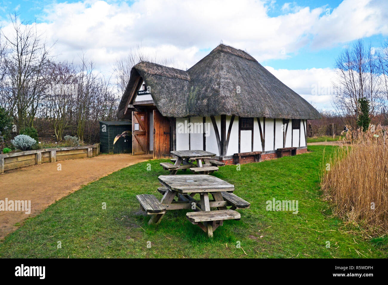Exhibition hut in the winter scene at the WWT London Wetland Centre ...