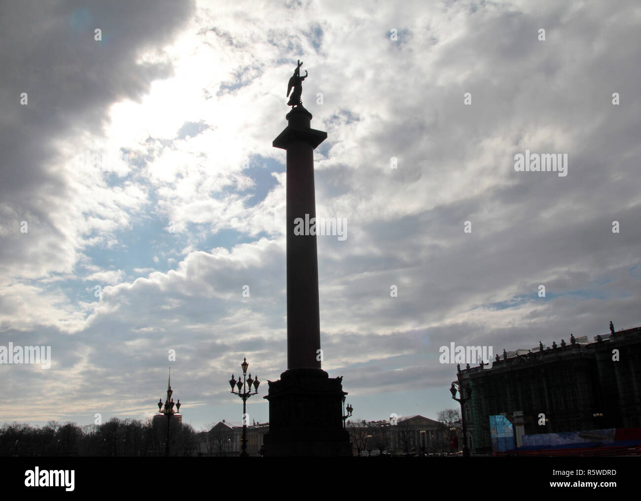 A silhouette of the Alexander column, in Palace Square, in St ...
