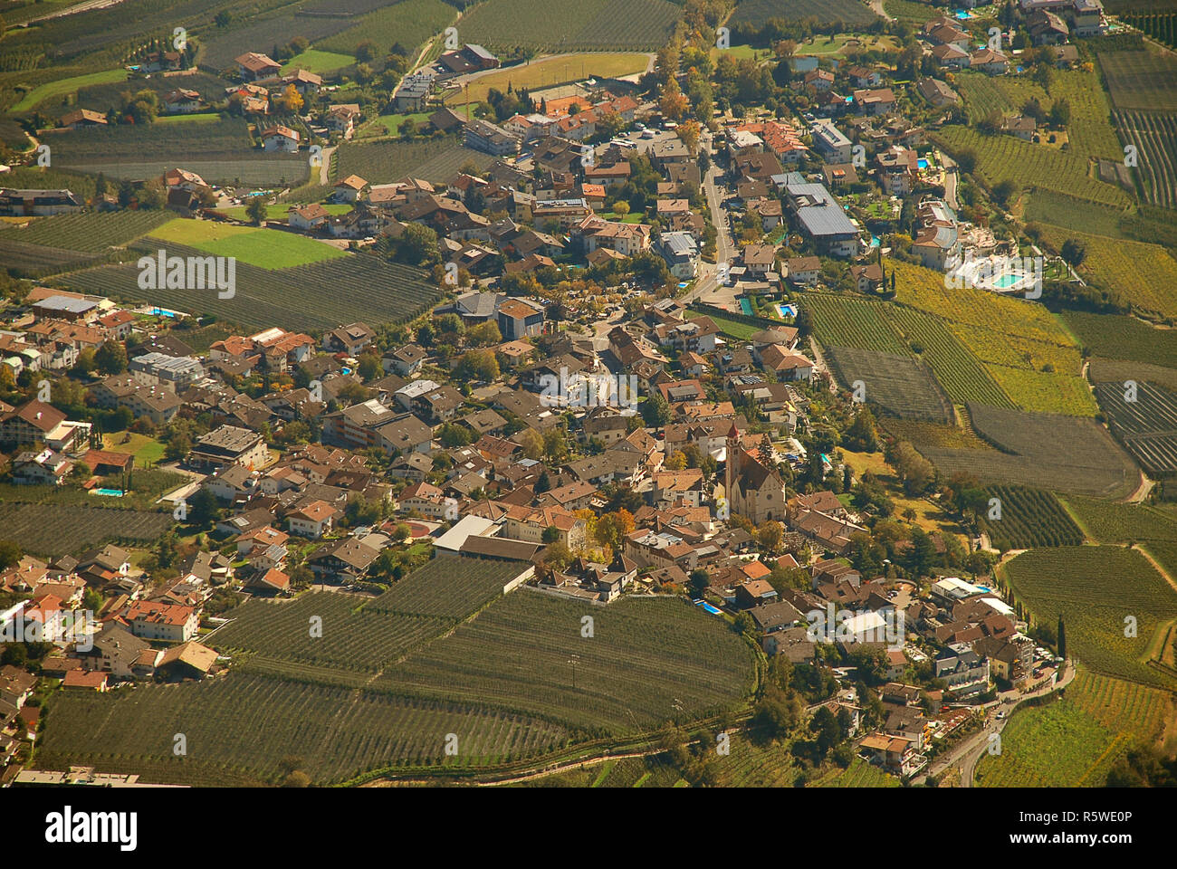 Aerial view of Tirol (German: "Dorf Tirol") nearby Meran, South Tyrol ...