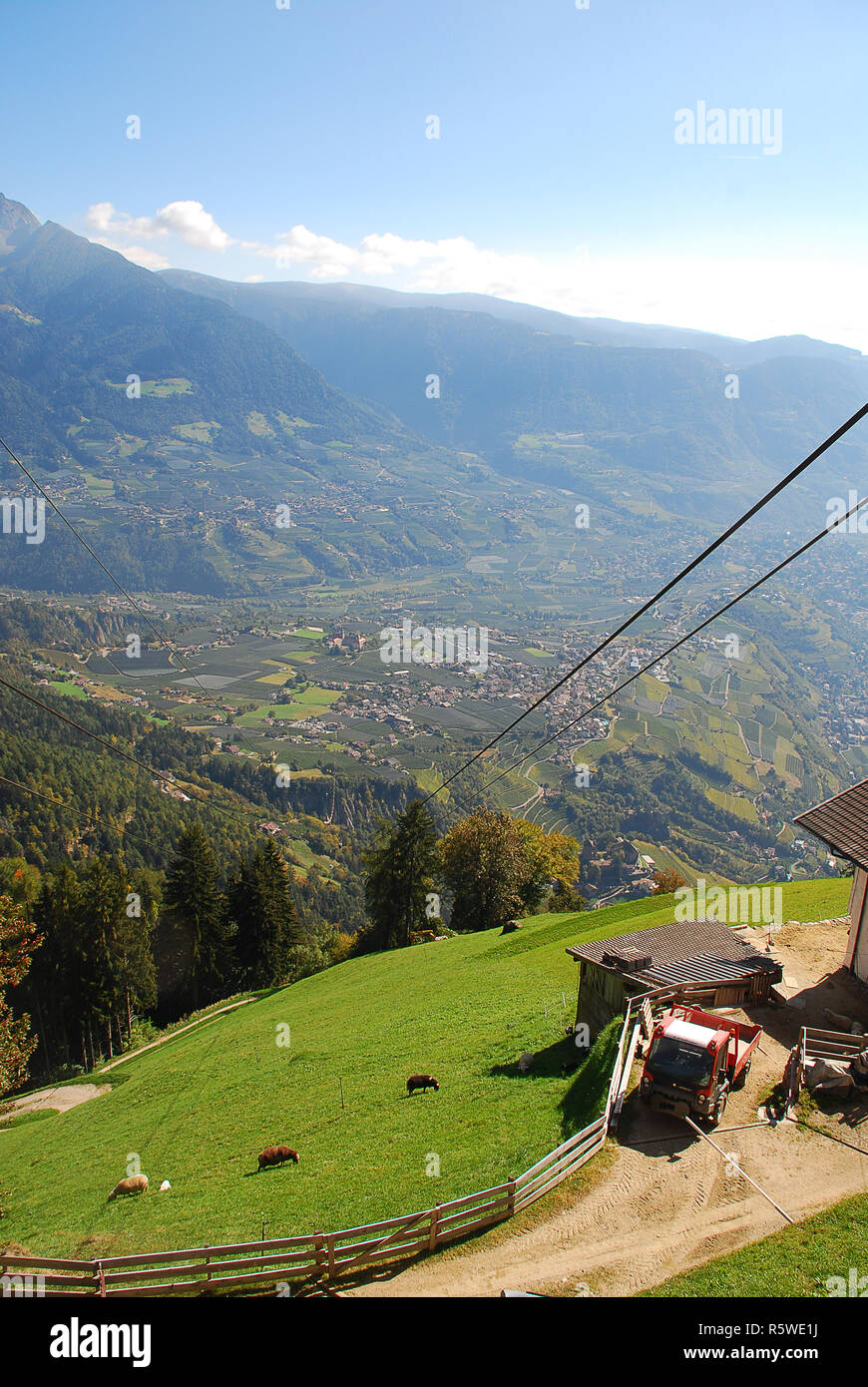 Panorama view on valleys (Meran) and mountains in the italian alps ...