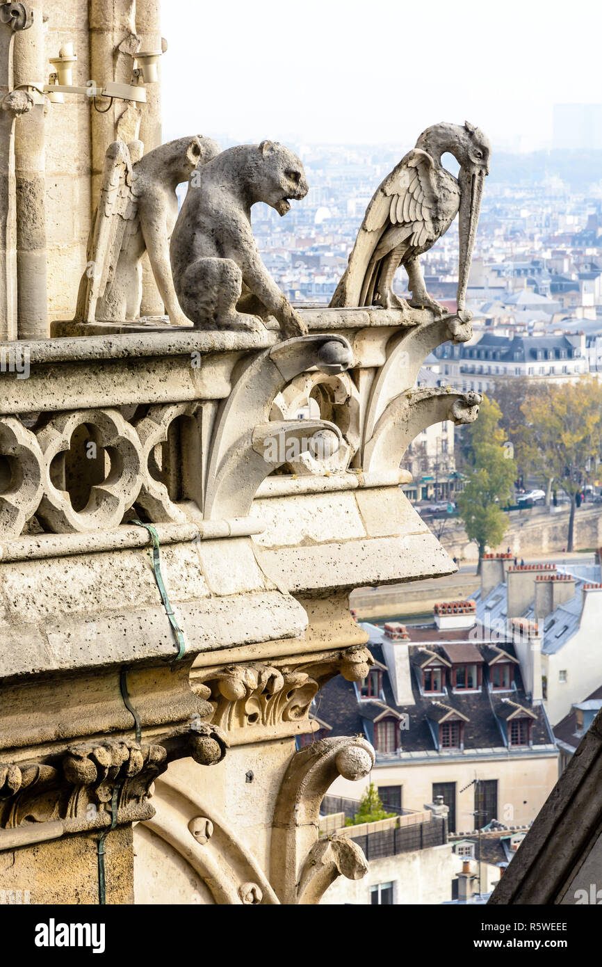 Three stone statues of chimeras overlooking the rooftops of the ...