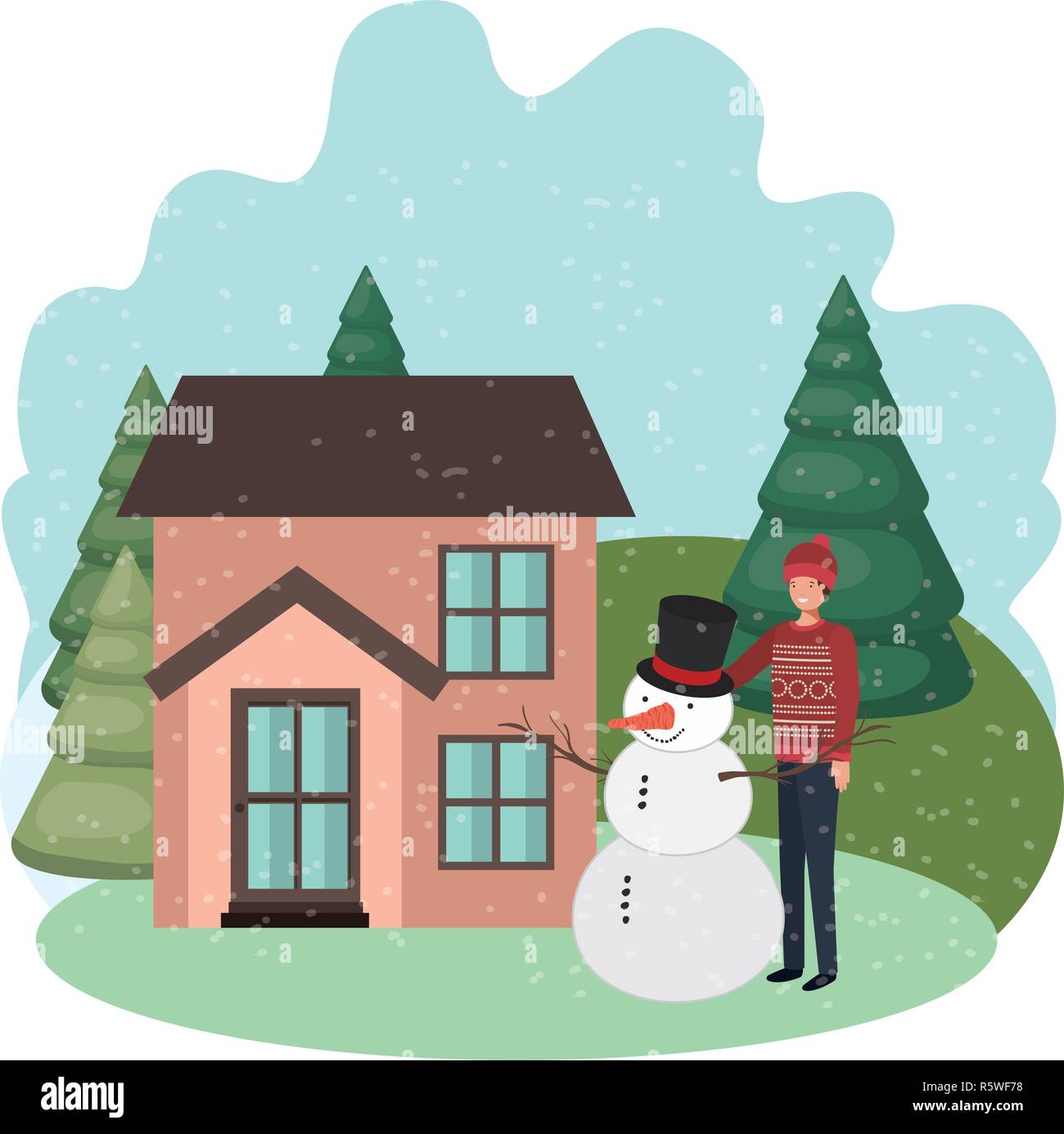 man with snowman and house in winter Stock Vector Image & Art - Alamy
