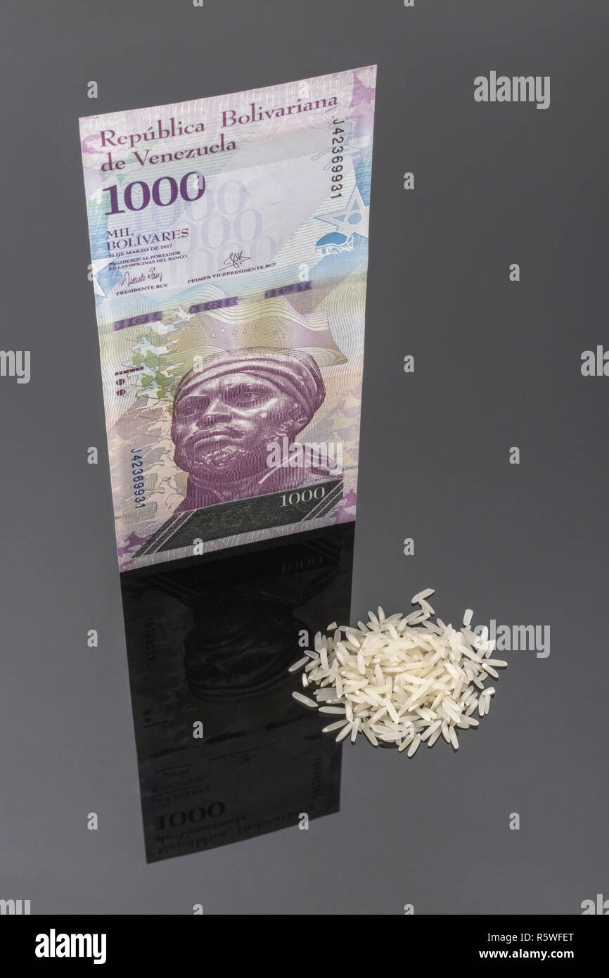 Hyperinflation concept - Venezuelan bolivar (Fuerte type) with food ...