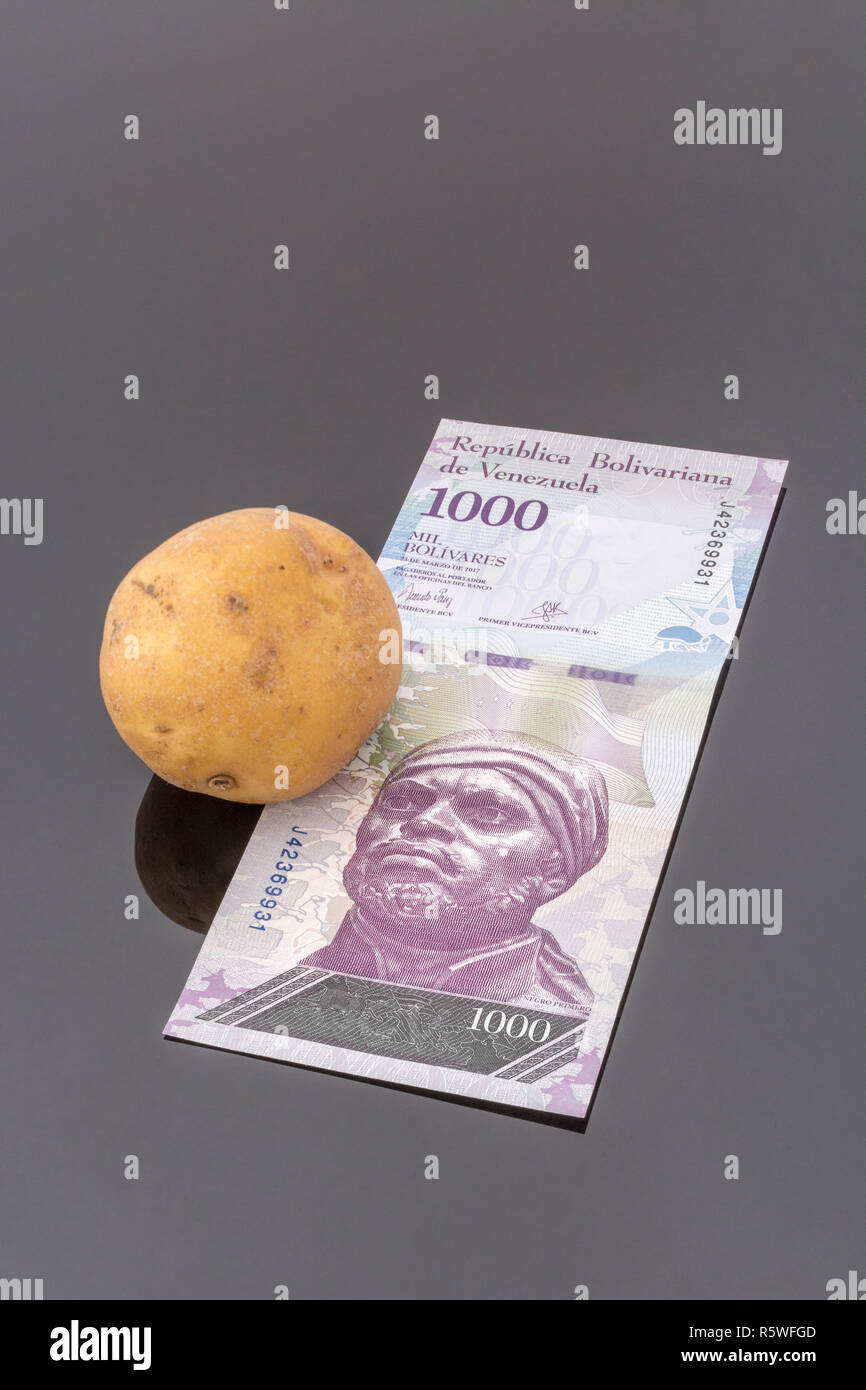 Hyperinflation concept - Venezuelan bolivar (Fuerte type) with food ...