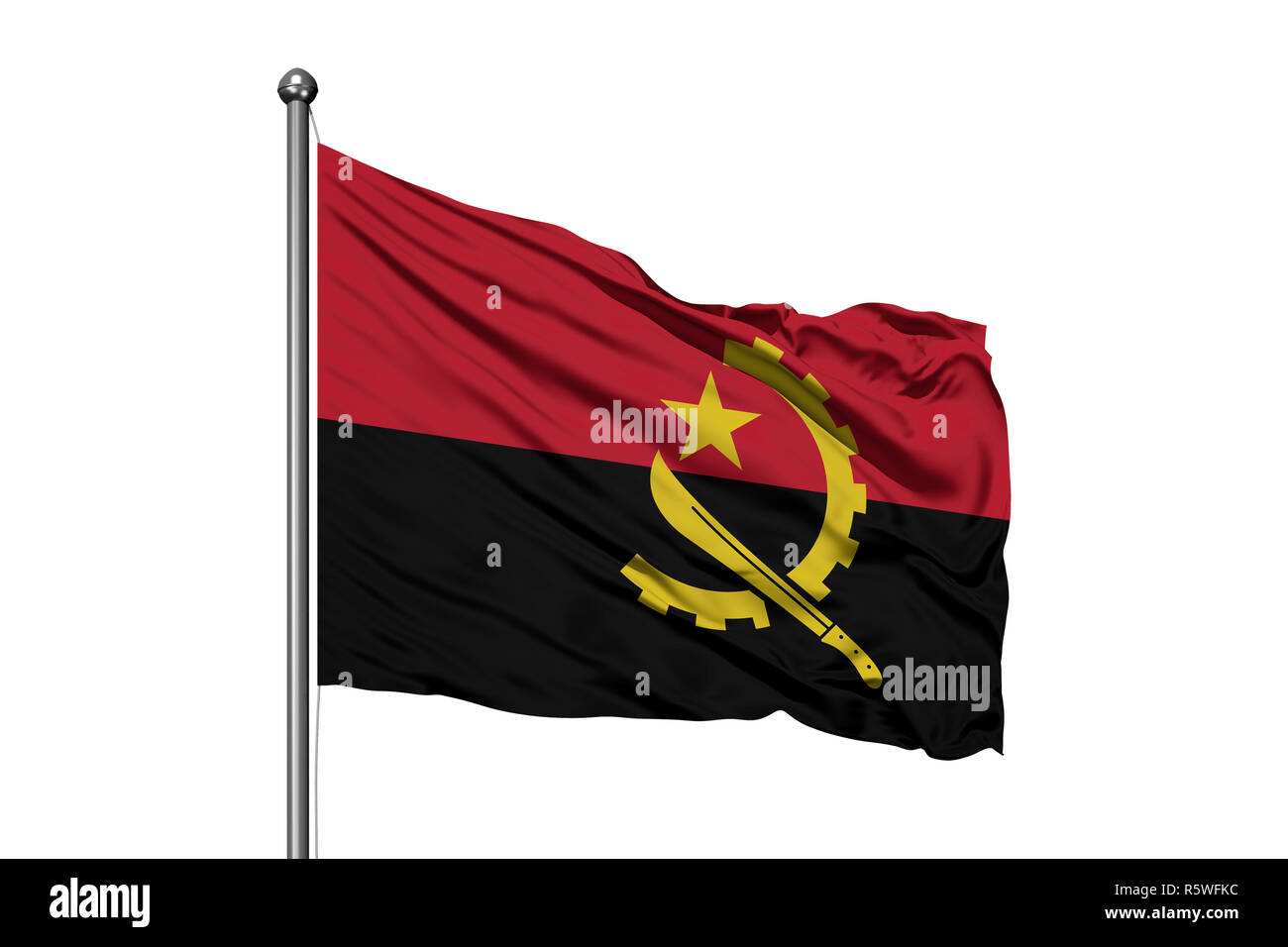 Flag of Angola waving in the wind, isolated white background. Angolan ...