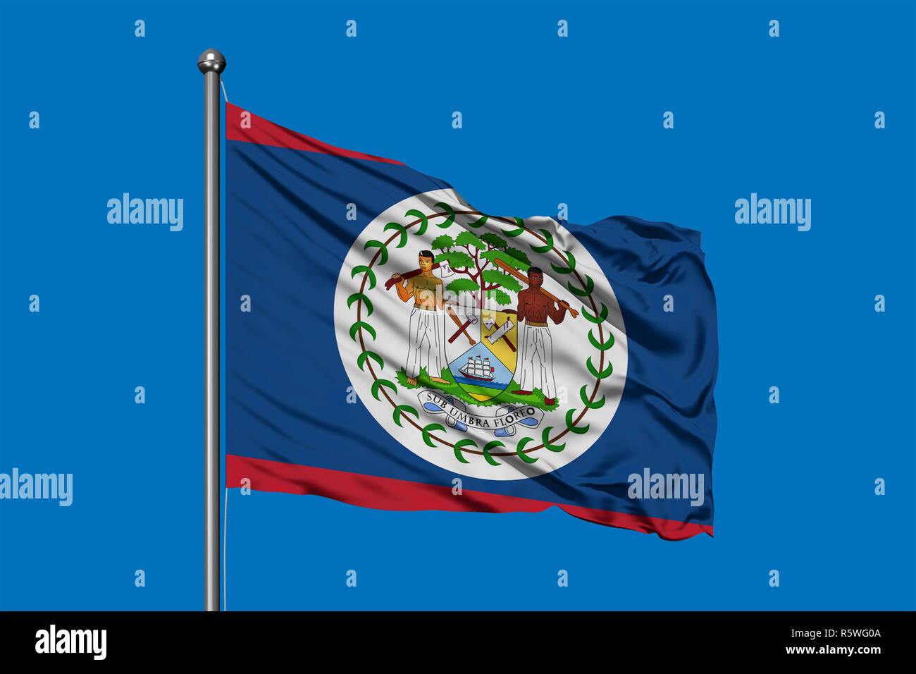 Flag of Belize waving in the wind against deep blue sky. Belizean flag ...