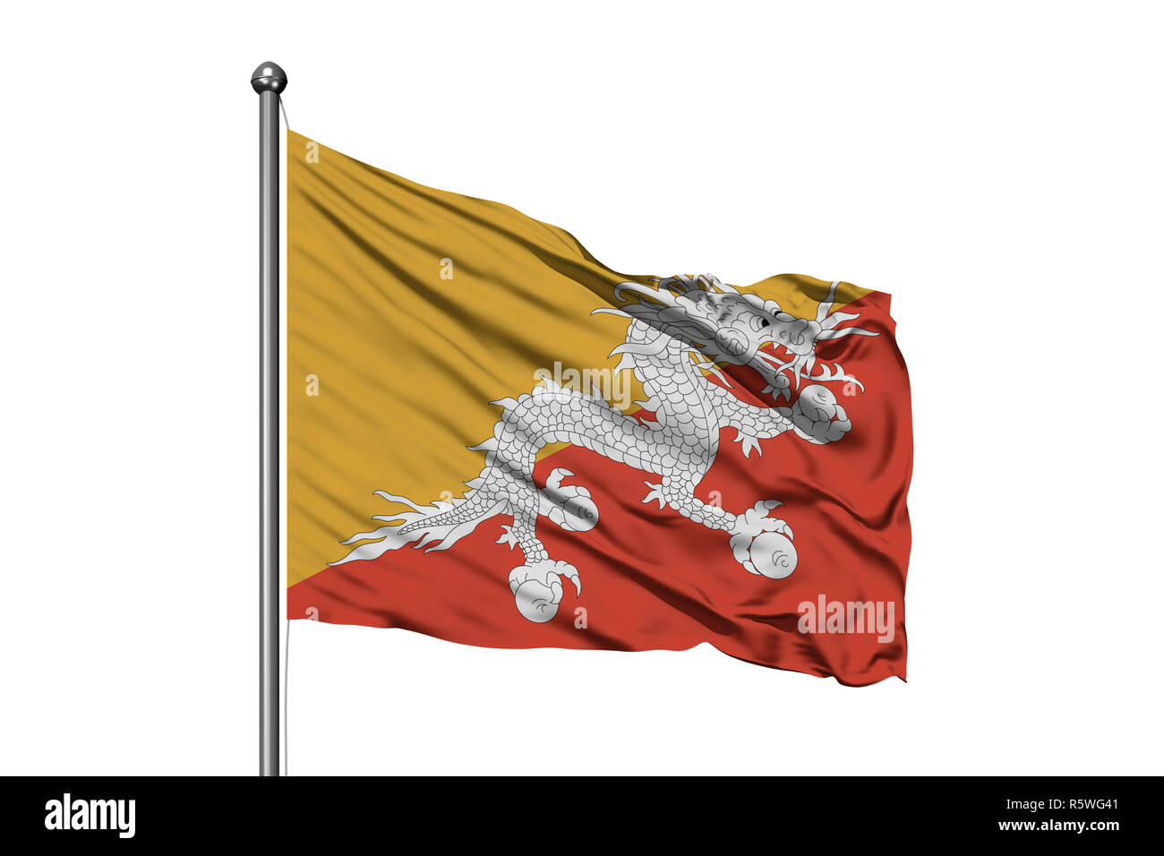 Flag of Bhutan waving in the wind, isolated white background. Bhutanese ...