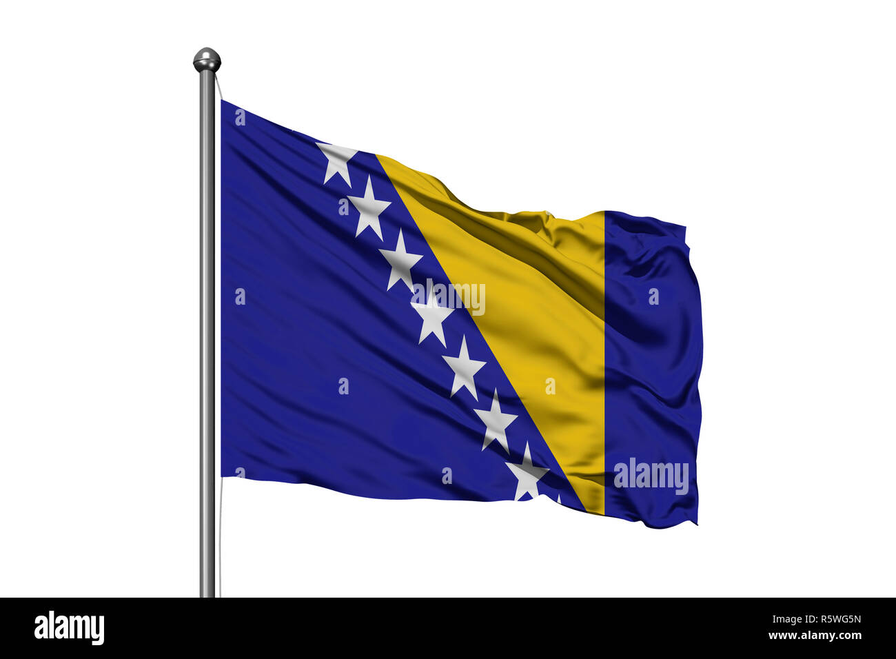 Flag of Bosnia-Herzegovina waving in the wind, isolated white ...