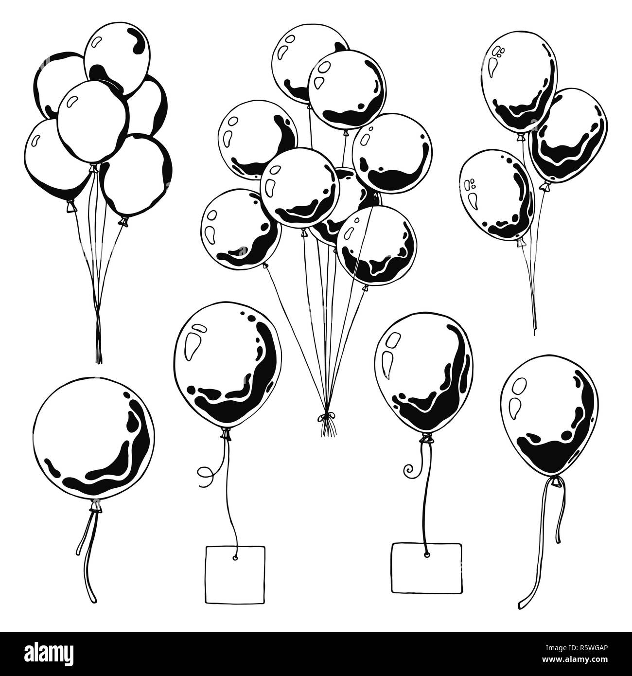 Set of different balloons. Inflatable balls on a string. Inflatable ...