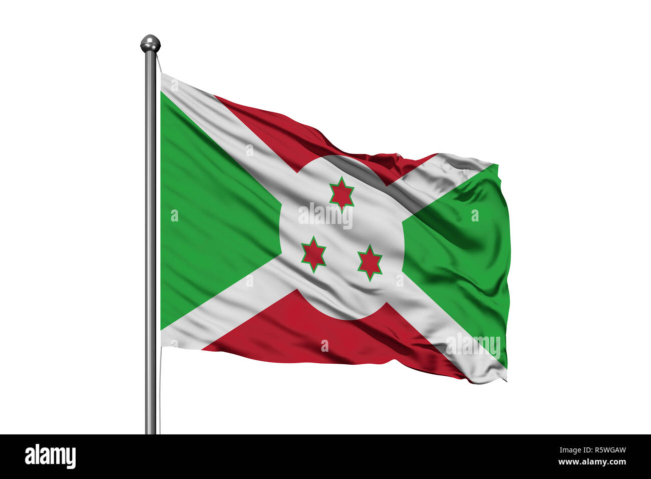 Flag of Burundi waving in the wind, isolated white background ...