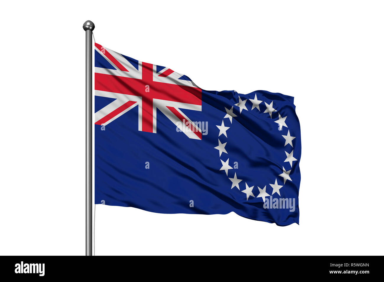 Flag of Cook Islands waving in the wind, isolated white background ...