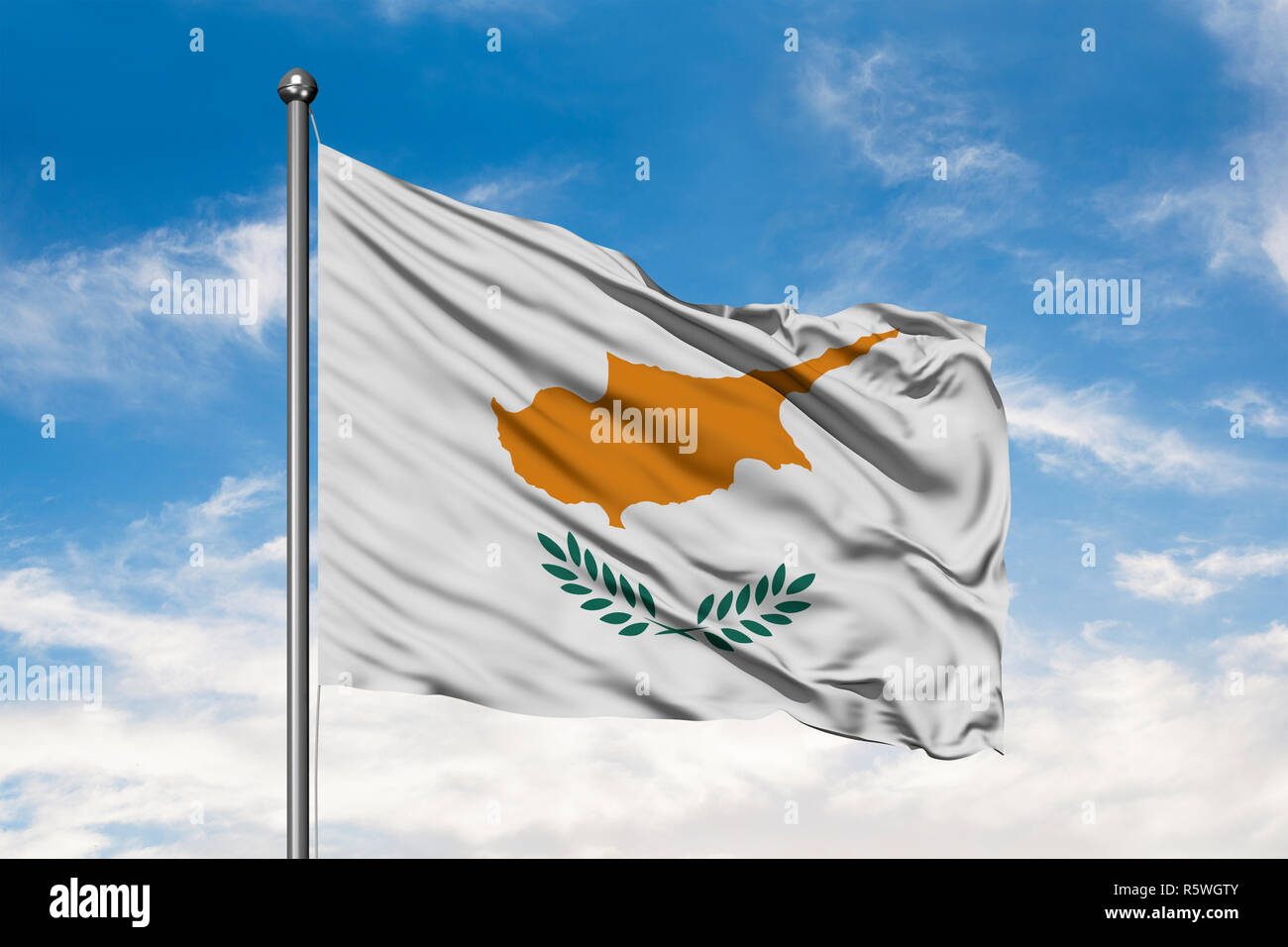 Flag of Cyprus waving in the wind against white cloudy blue sky ...