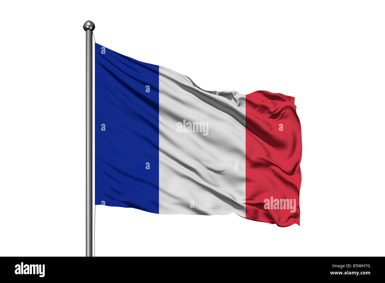 Flag of France waving in the wind, isolated white background. French ...