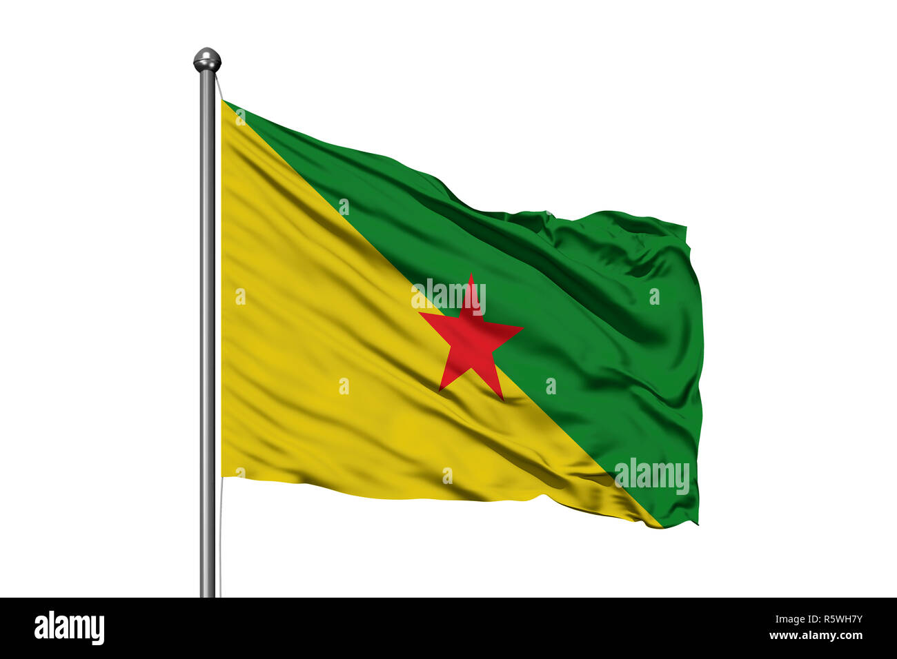 Flag of French Guiana waving in the wind, isolated white background ...