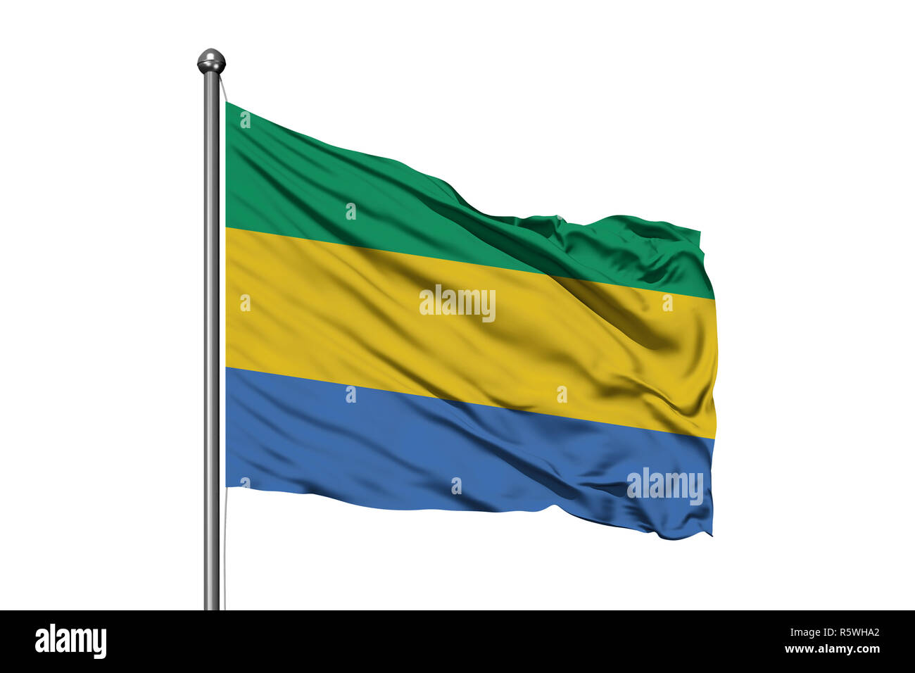 Flag of Gabon waving in the wind, isolated white background. Gabonese ...