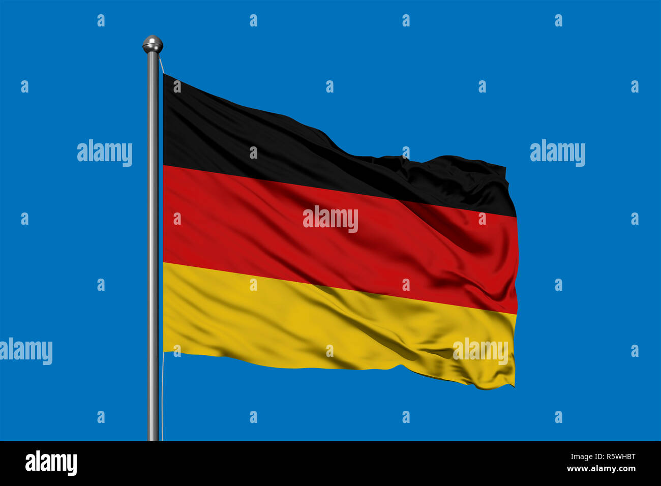 Flag of Germany waving in the wind against deep blue sky. German flag ...