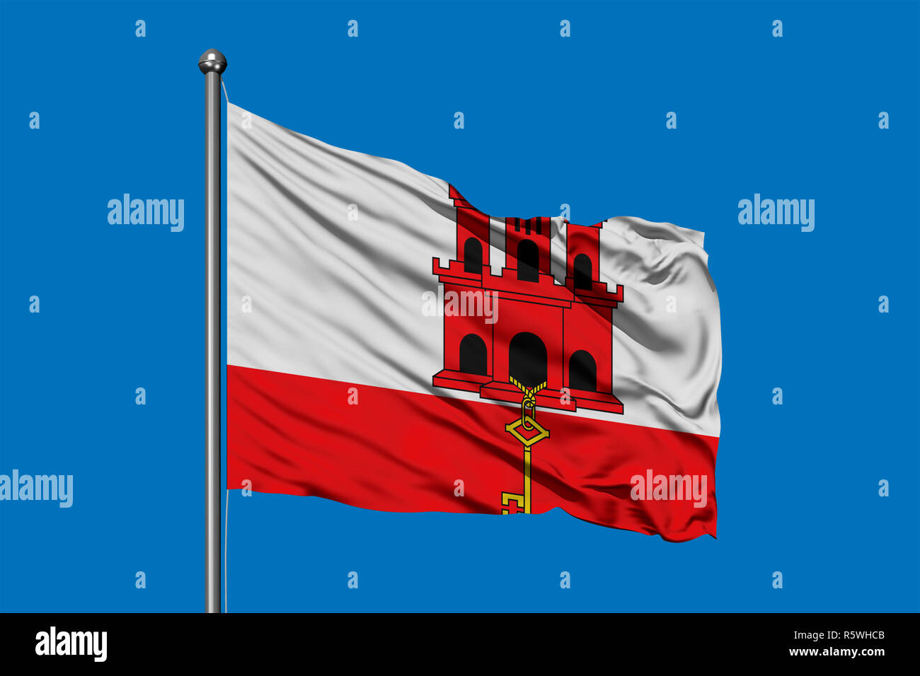 Flag of Gibraltar waving in the wind against deep blue sky Stock Photo ...