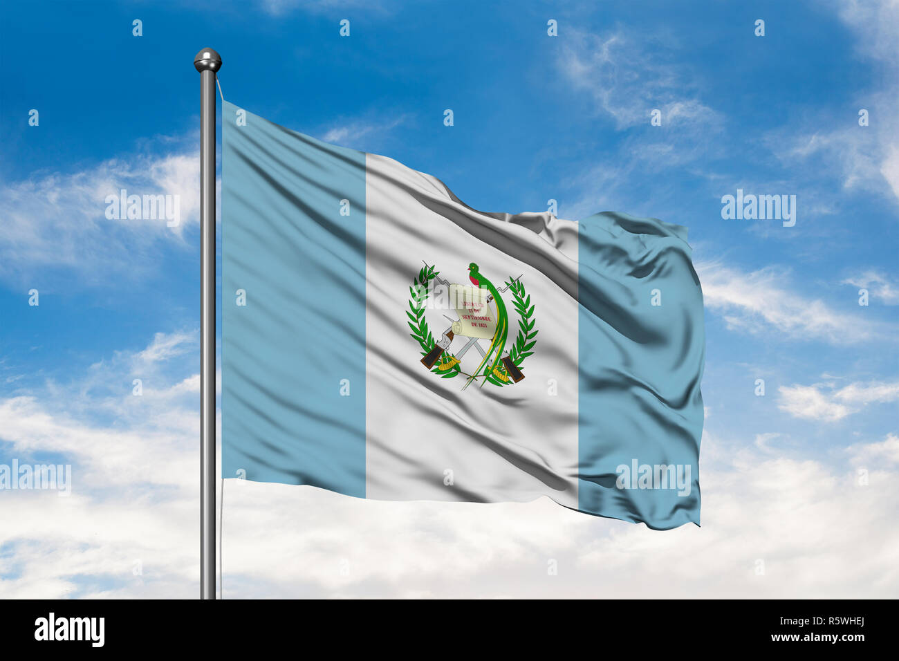 Flag of Guatemala waving in the wind against white cloudy blue sky ...