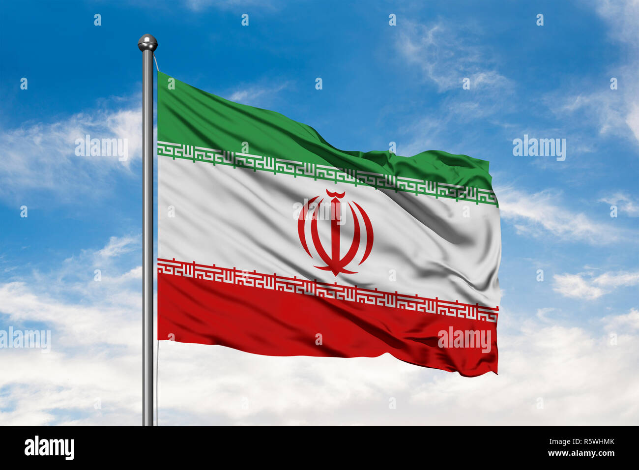 Flag Of Iran Waving In The Wind Against White Cloudy Blue Sky Iranian