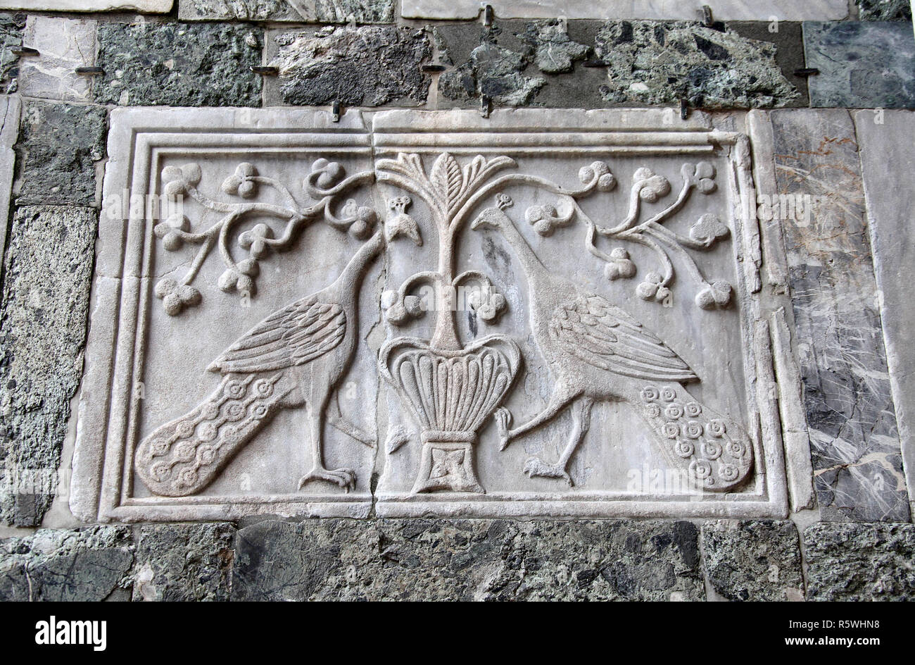 Original Byzantine relief of two peacocks on the exterior of the Doges ...