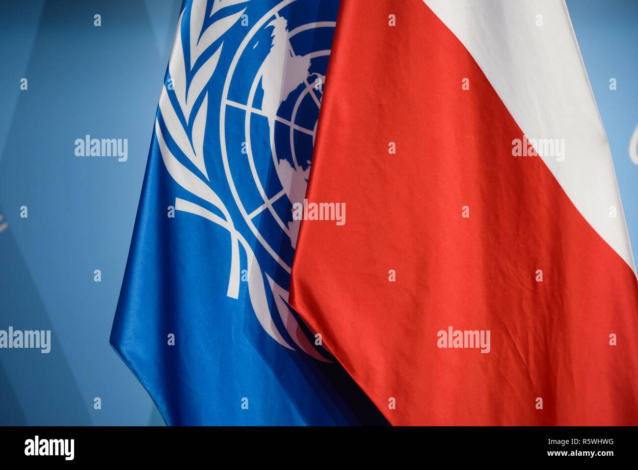 Poland's and United Nations flags are seen during the COP24 UN Climate ...