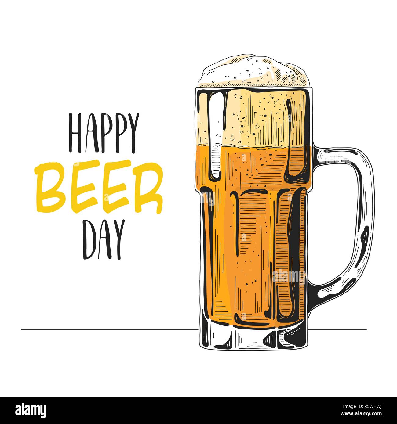 Sketch of a glass of beer. Text: happy beer day. Vector illustration of ...