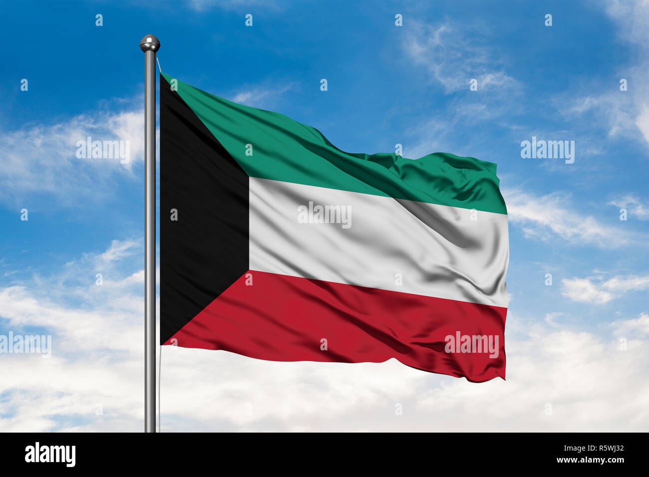 Flag of Kuwait waving in the wind against white cloudy blue sky ...