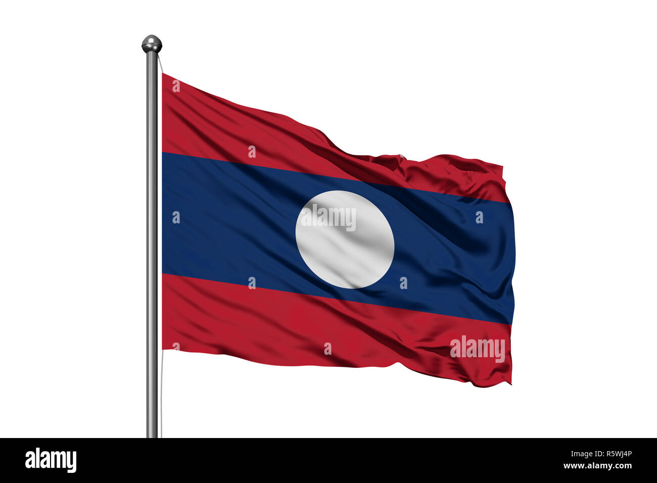 Flag of Laos waving in the wind, isolated white background. Laotian ...