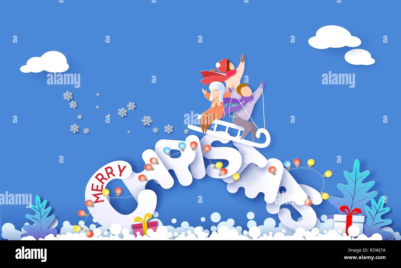 Merry Christmas design card with children sledding on big snow letters ...