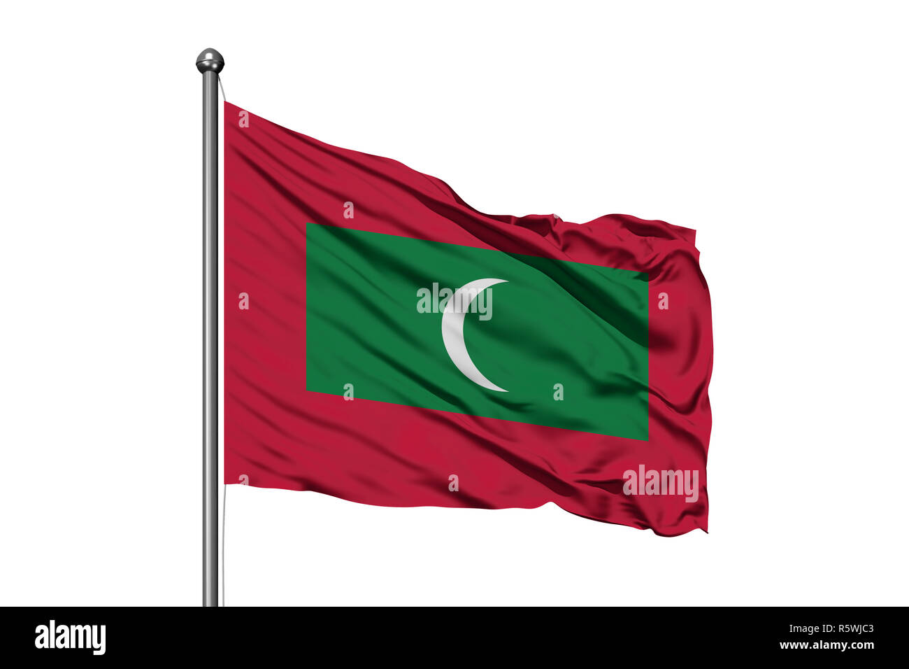 Flag of Maldives waving in the wind, isolated white background ...
