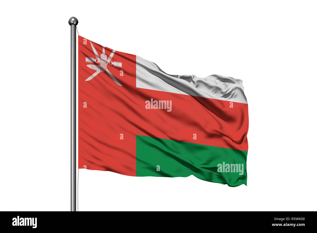 Flag of Oman waving in the wind, isolated white background. Omani flag ...