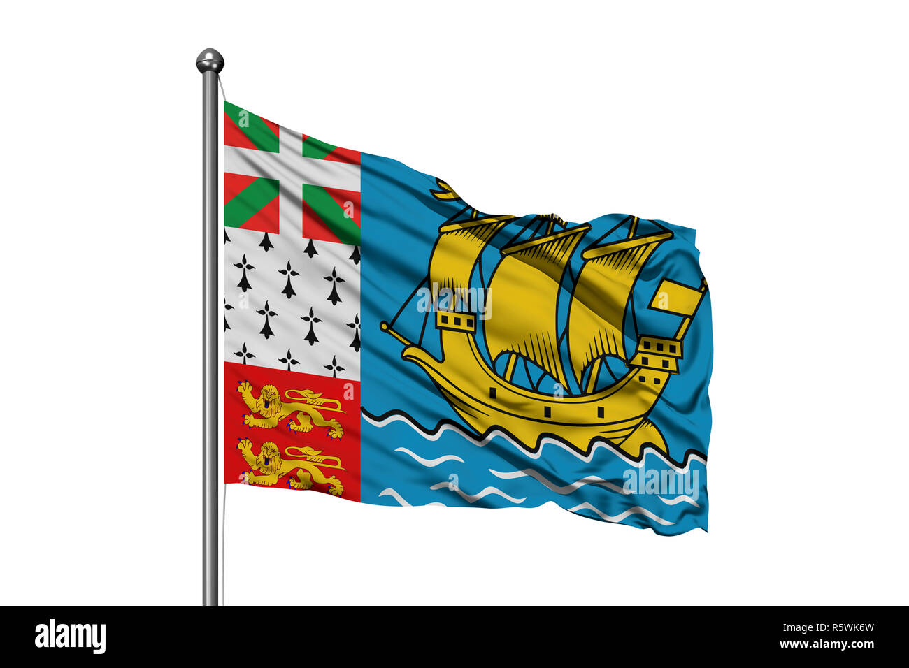 Flag of Saint Pierre and Miquelon waving in the wind, isolated white ...