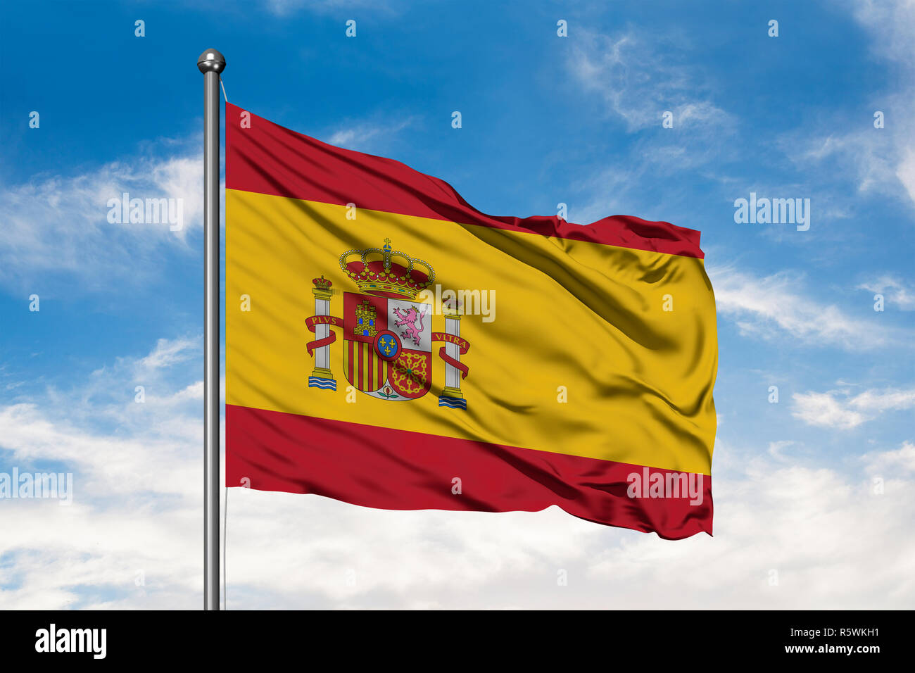 Flag of Spain waving in the wind against white cloudy blue sky. Spanish ...