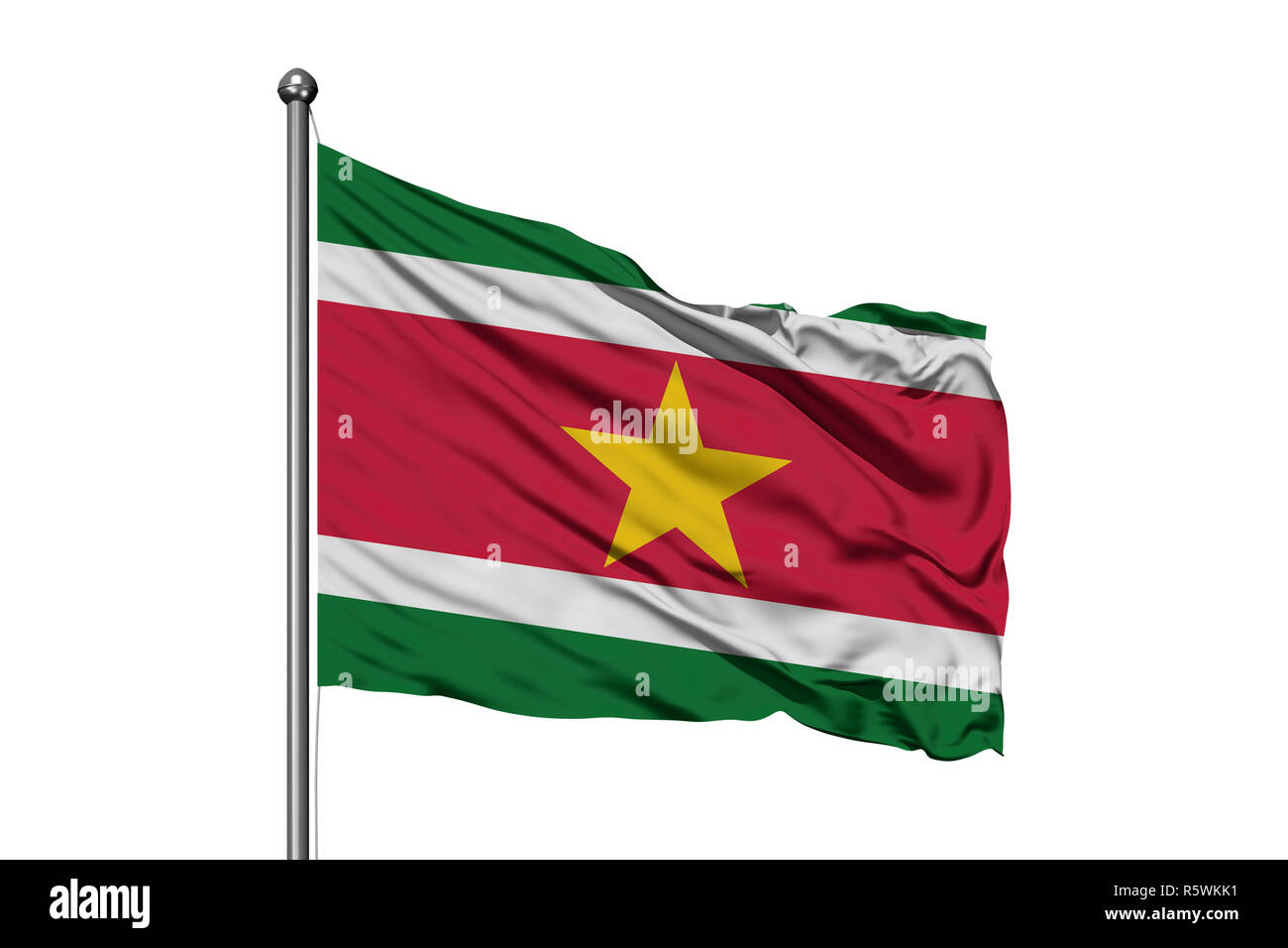 Flag of Suriname waving in the wind, isolated white background ...