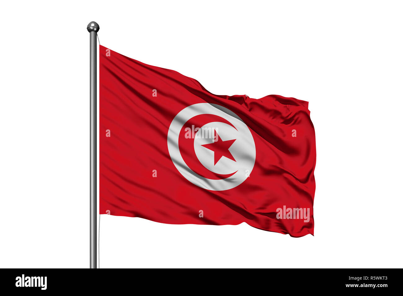 Flag of Tunisia waving in the wind, isolated white background. Tunisian ...