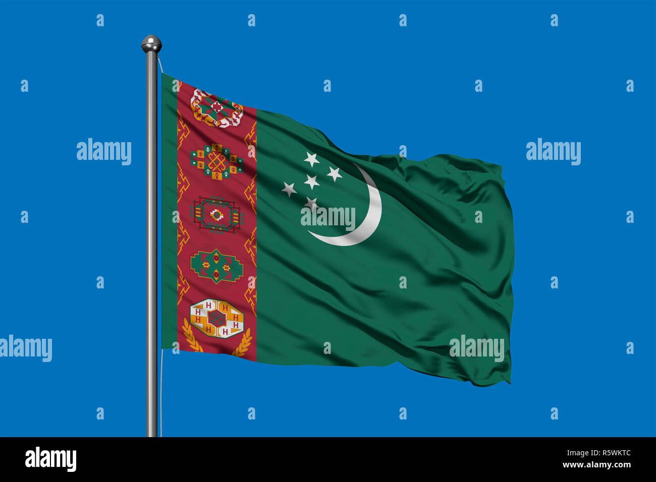 Flag Of Turkmenistan Waving In The Wind Against Deep Blue Sky Turkmen