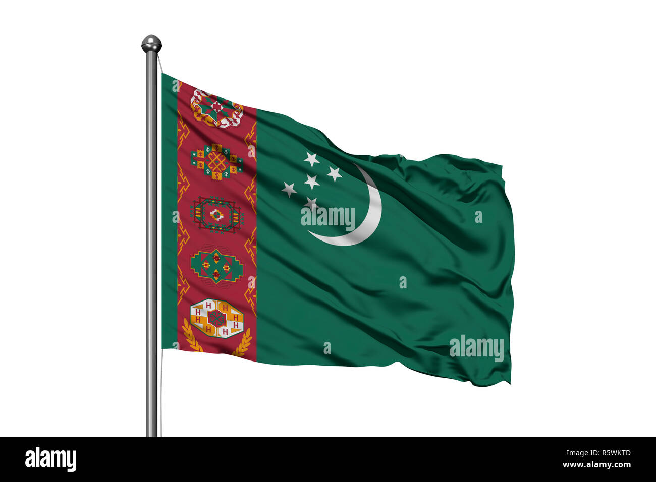 Flag Of Turkmenistan Waving In The Wind Isolated White Background