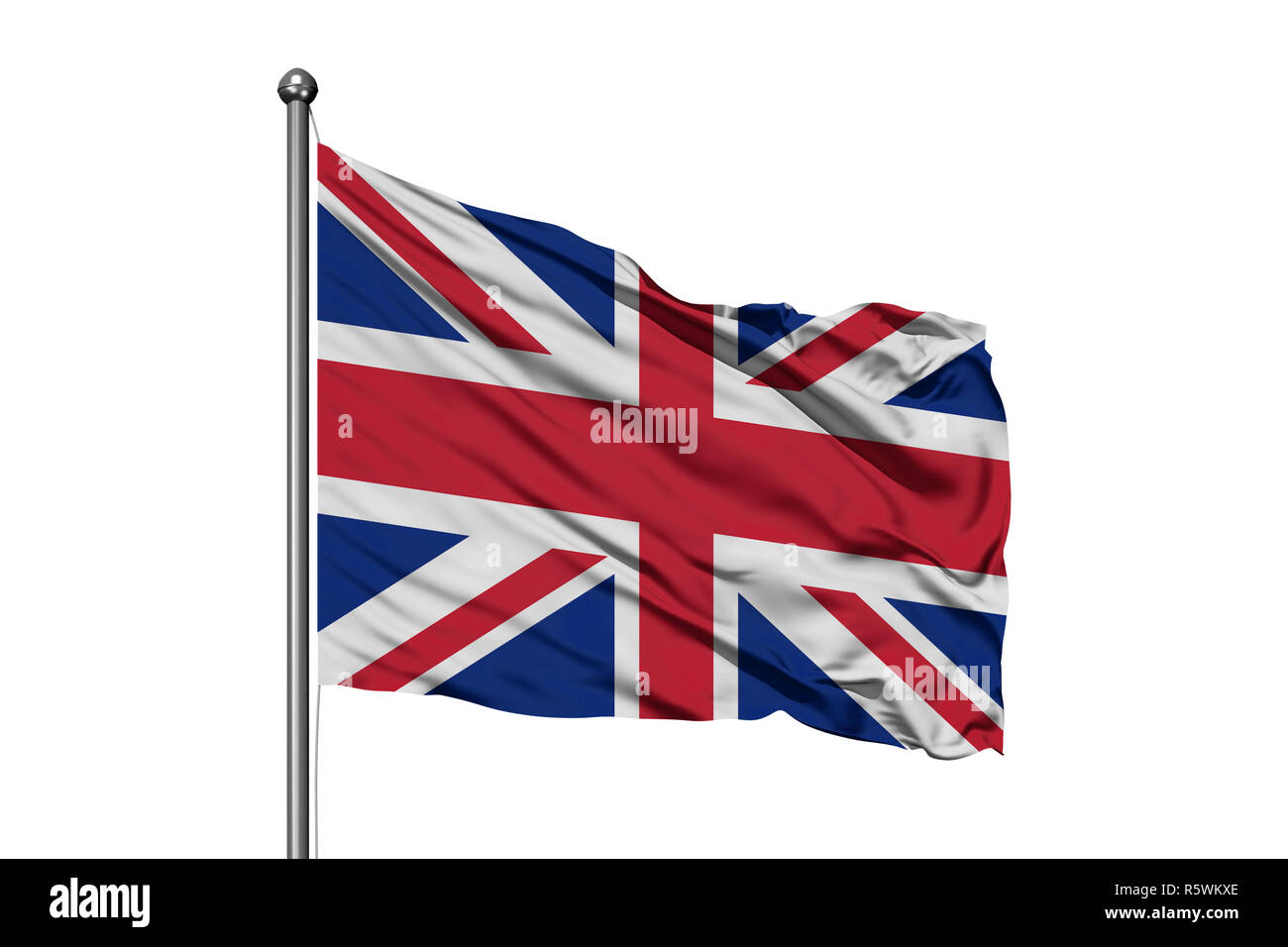 Flag of United Kingdom waving in the wind, isolated white background ...