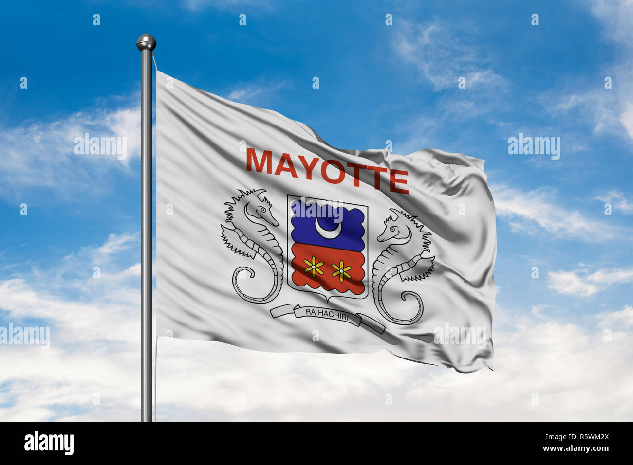 Flag of Mayotte waving in the wind against white cloudy blue sky Stock ...