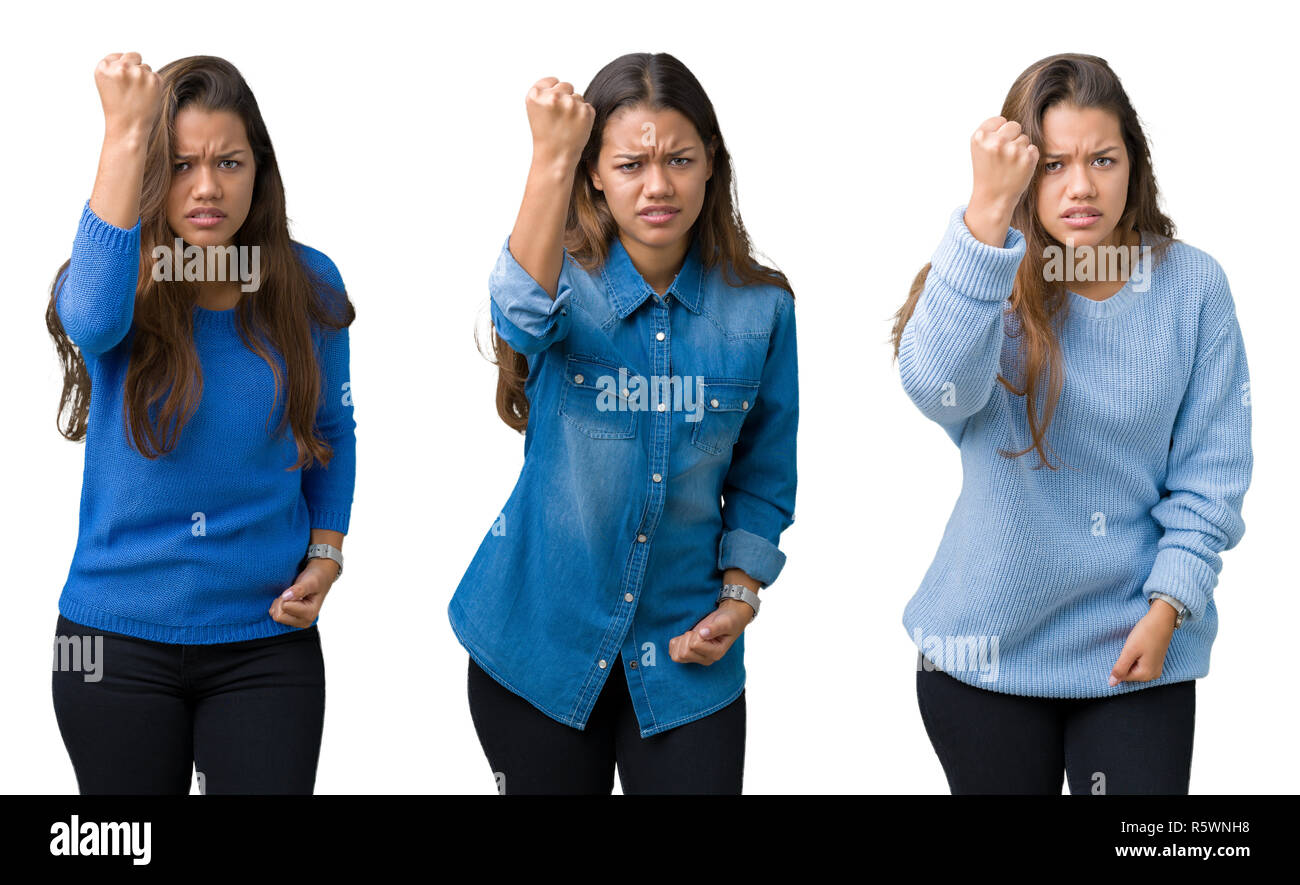 Collage of beautiful young woman over isolated background angry and mad ...